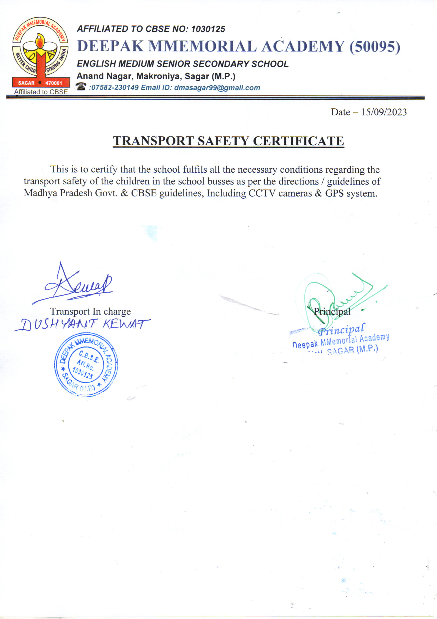 Bus transport Certificate | DEEPAK MEMORIAL ACADEMY